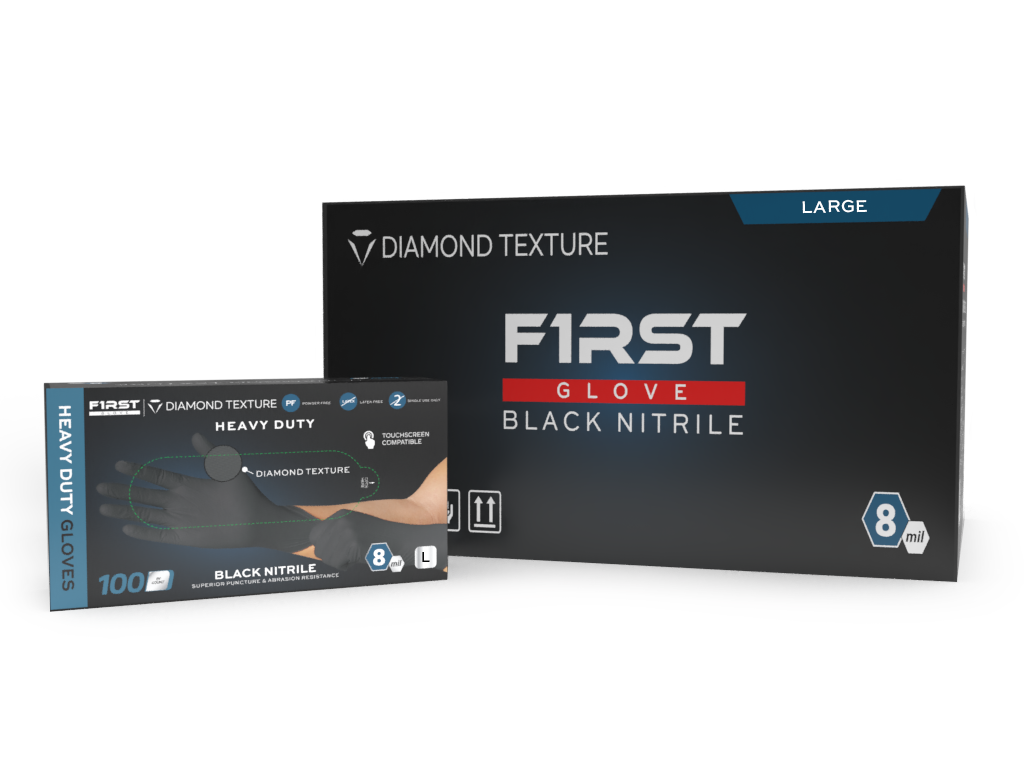 First Glove HD 8 Mil Black Nitrile Disposable Industrial Gloves with R